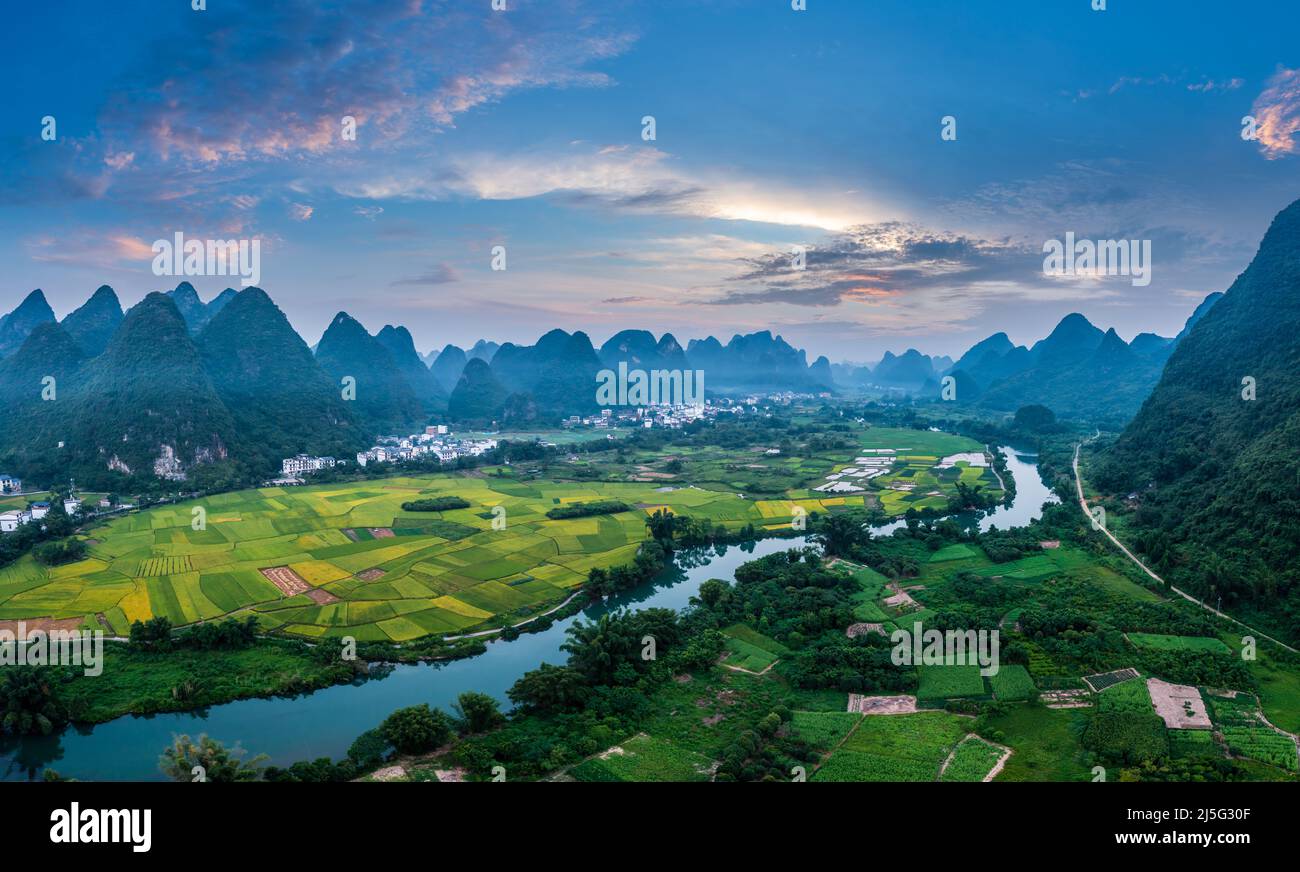Aerial view of beautiful mountain and water natural scenery in Guilin ...