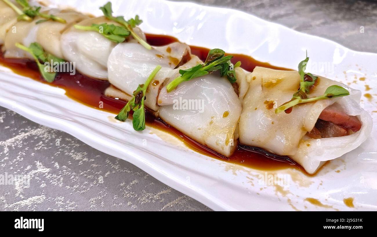 Chinese Steamed Rice Noodle Rolls With barbecue pock - Asian food style ...