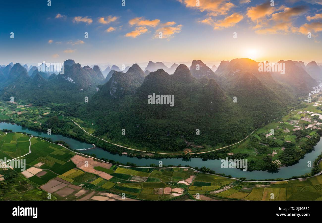 Aerial view of beautiful mountain and water natural scenery in Guilin ...