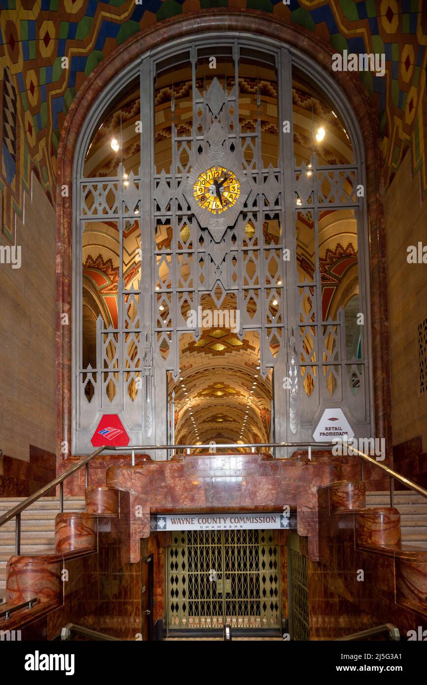 Monel metal screen with Tiffany clock, lobby, the Guardian Building ...