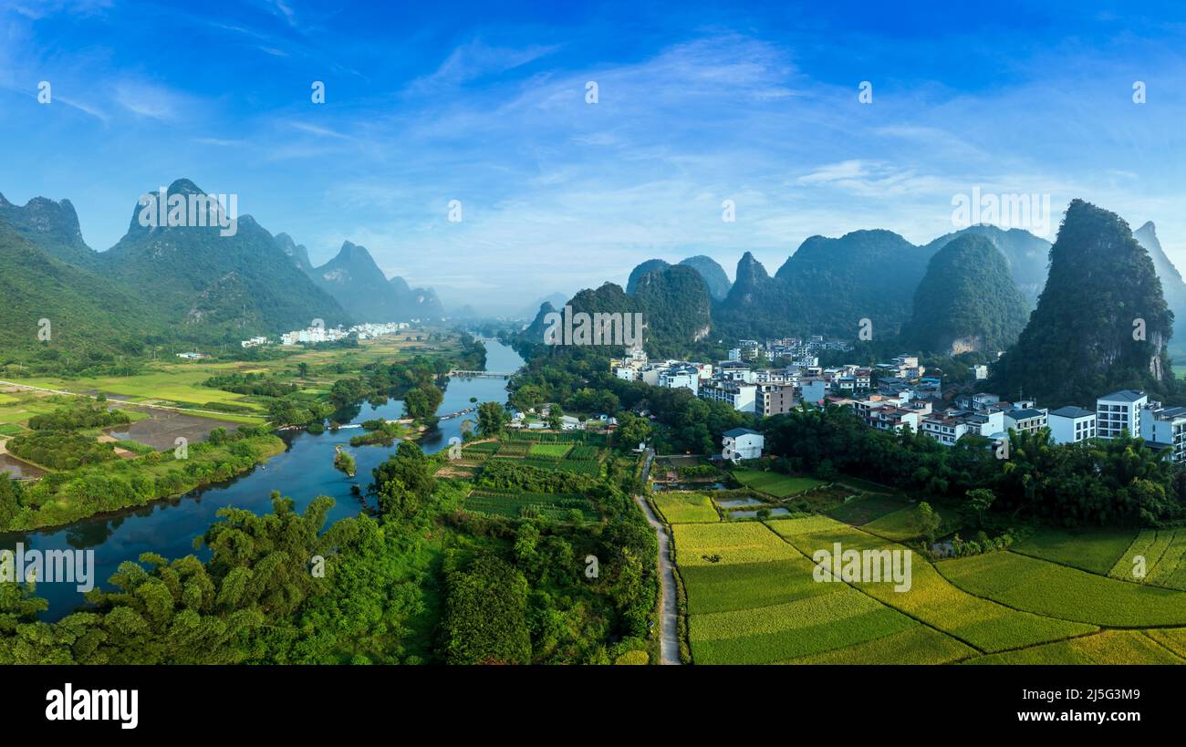 Aerial view of beautiful mountain and water natural scenery in Guilin ...