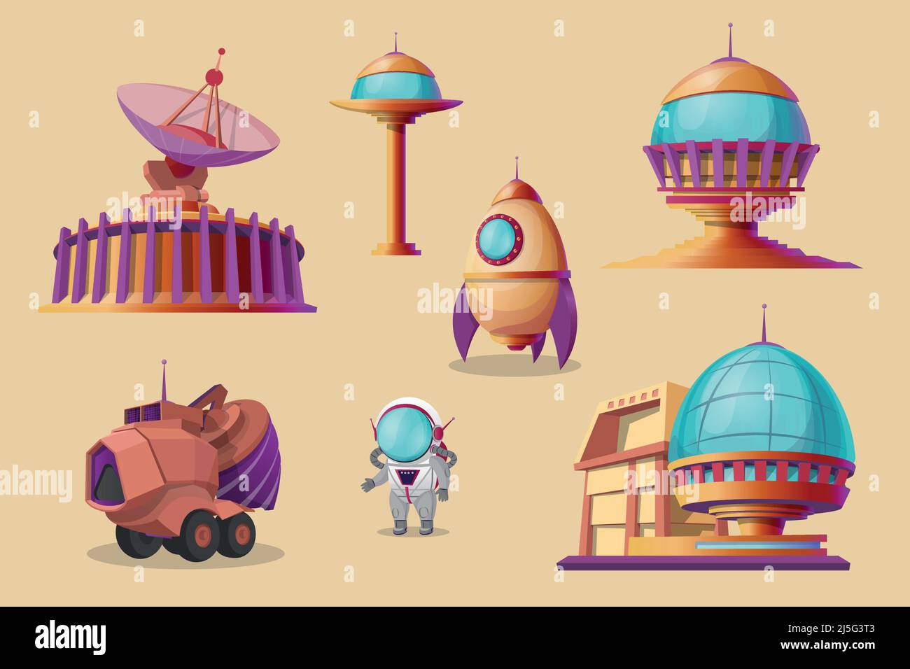 Vector mars colonization cartoon set. Spaceship, shuttle, rocket, mars ...