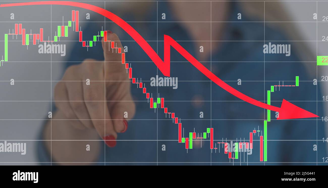 businesswoman standing near virtual screen with stock market changes ...