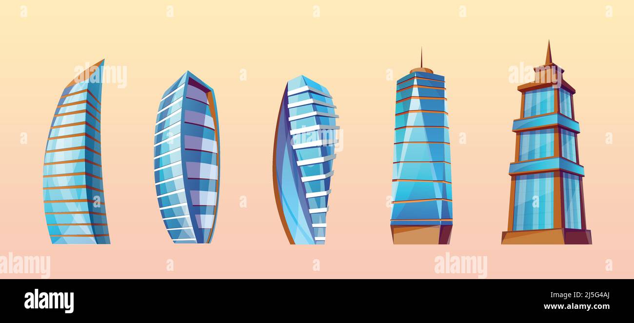 Vector set of modern buildings in cartoon style. Urban skyscrapers ...