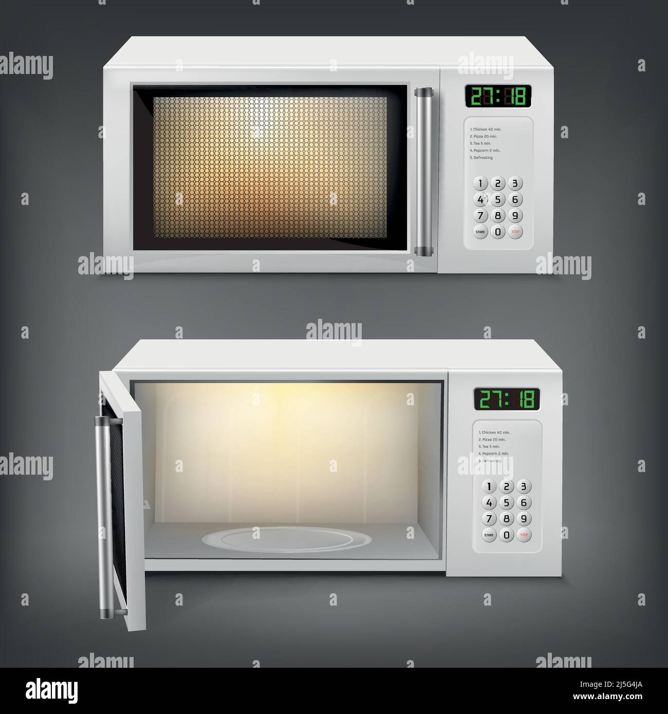 Vector 3d realistic microwave oven with light inside, with open and ...
