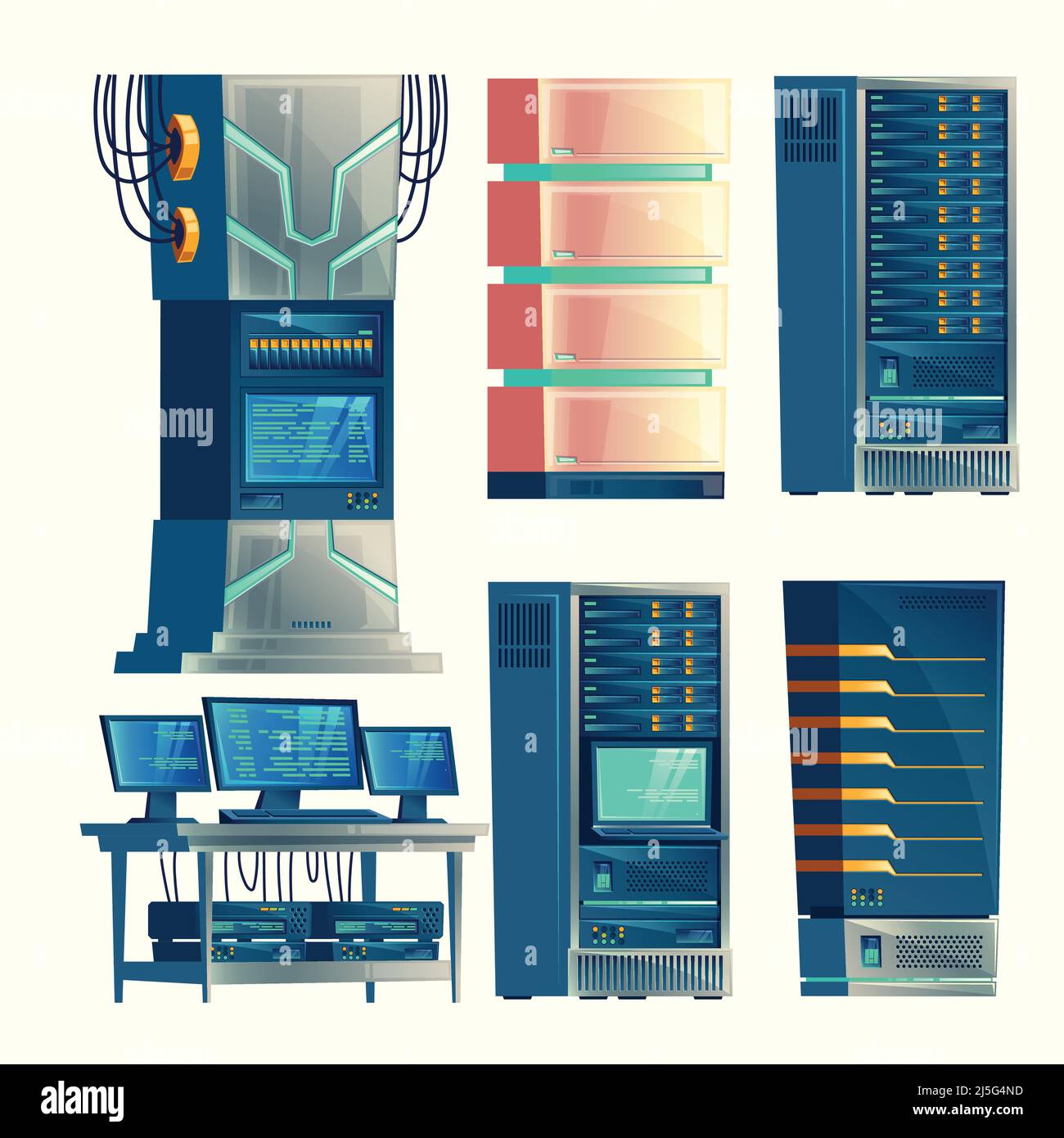 Vector set of various cartoon control room, server racks, database, data center. Hosting ...