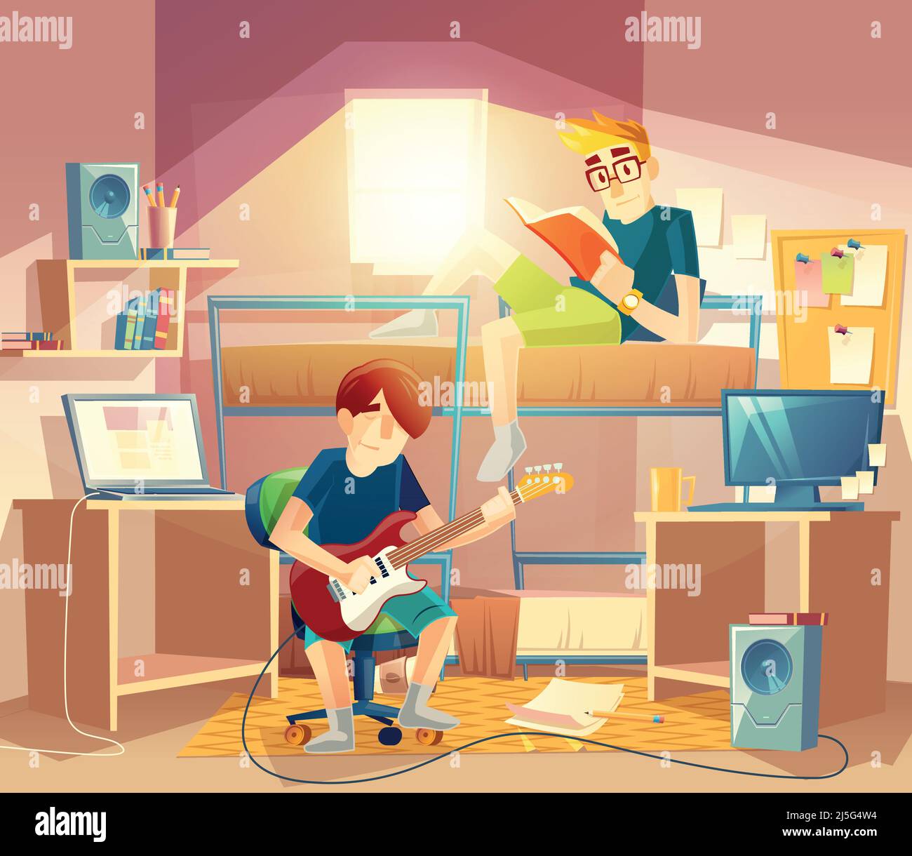 Vector dormitory room with roommates, bunk, computers, table ...