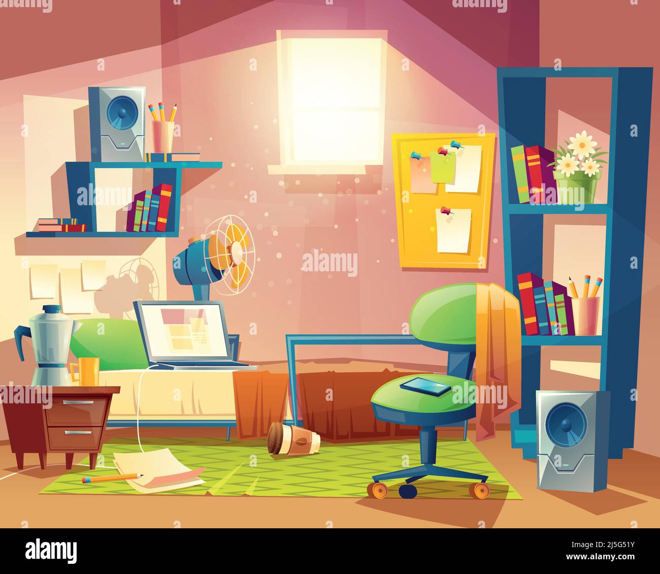 Vector small room with mess, cartoon bedroom, dormitory with furniture ...