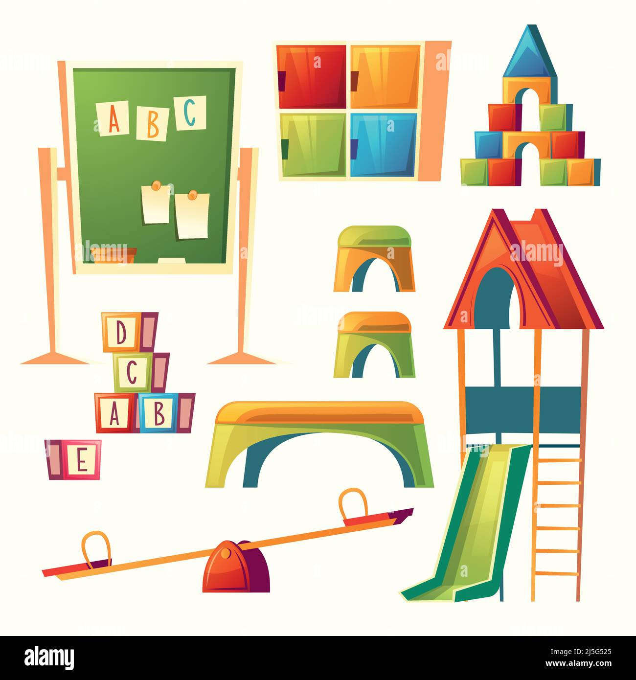 Vector set of cartoon kindergarten, children playground. Preschool ...