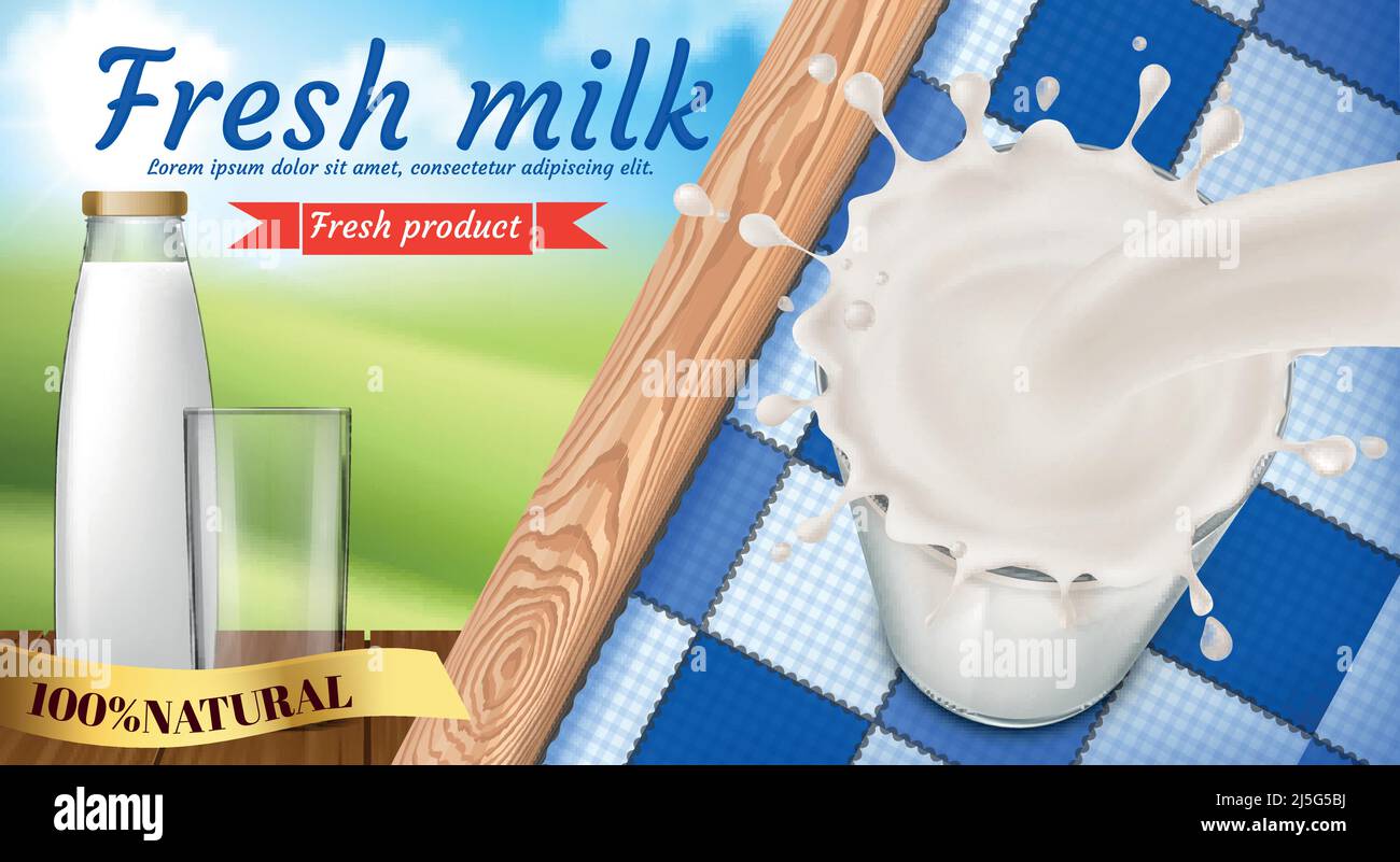 Vector banner with milk bottle and full glass of fresh dairy drink with ...