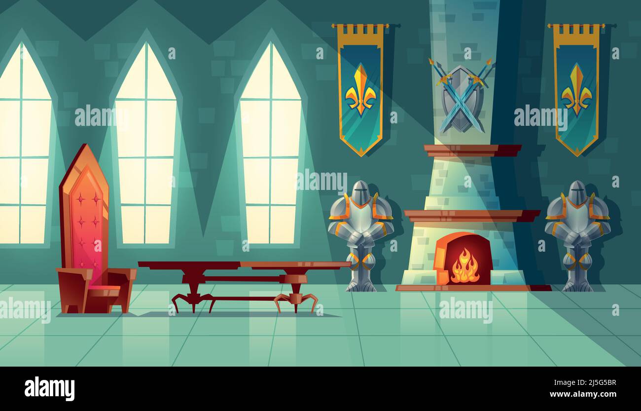 Vector castle hall, interior of royal ballroom with throne, table ...