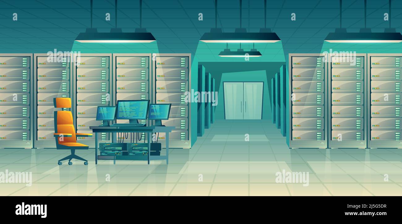 Vector set of cartoon control room with server racks, table. Database ...