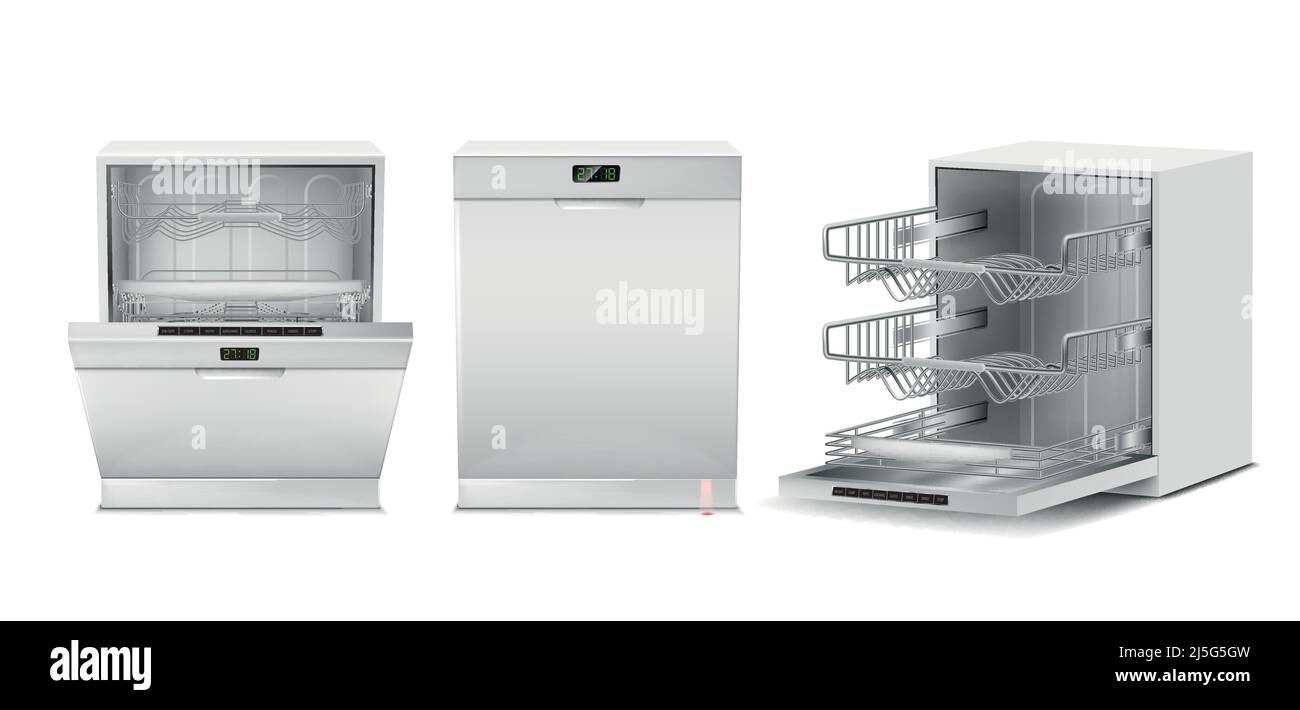 Vector 3d realistic dishwasher with open, closed door, digital display ...