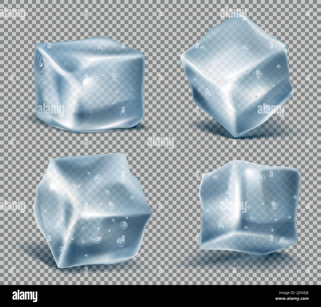 Vector set of four realistic blue ice cubes with water drops, cold ...