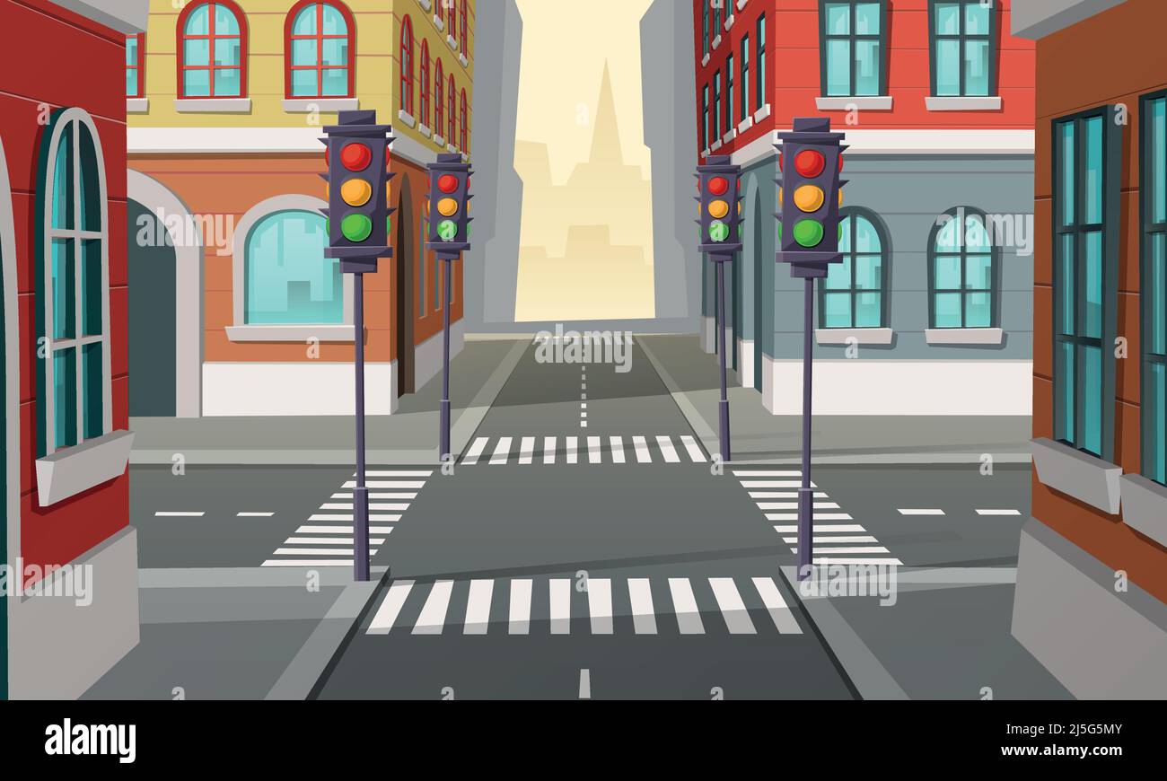 Vector city crossroads with traffic lights, intersection. Cartoon ...