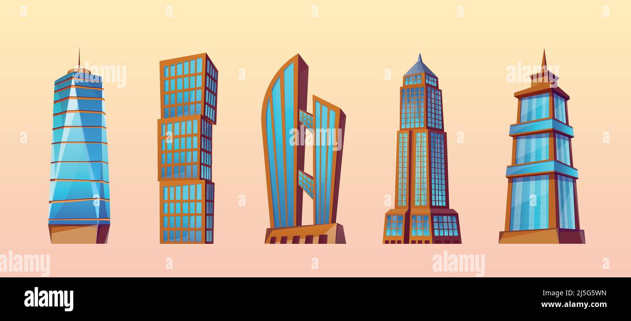 Vector set of modern buildings in cartoon style. Urban skyscrapers ...