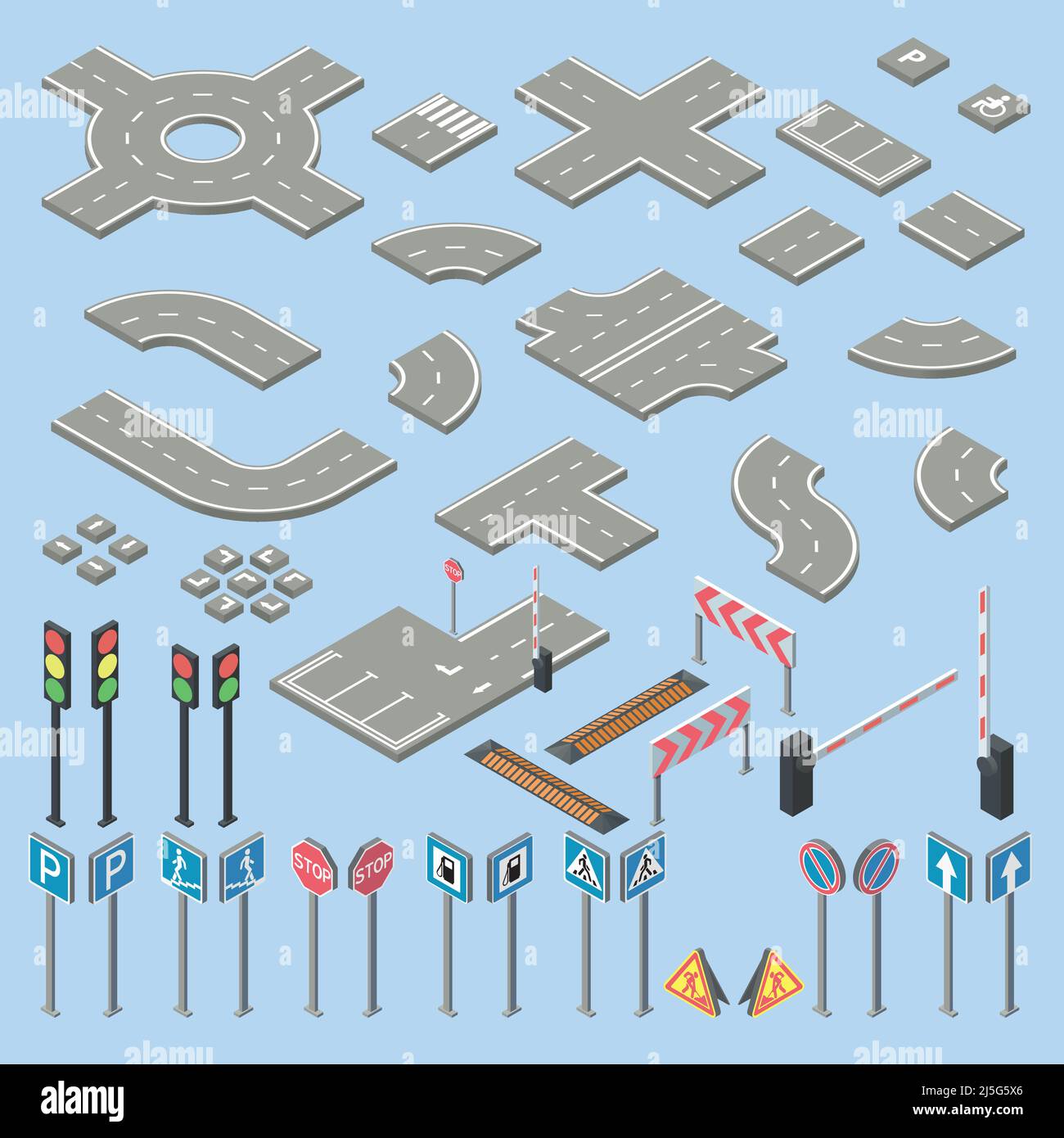 Vector 3d isometric road signs collection, pieces of street, highway ...