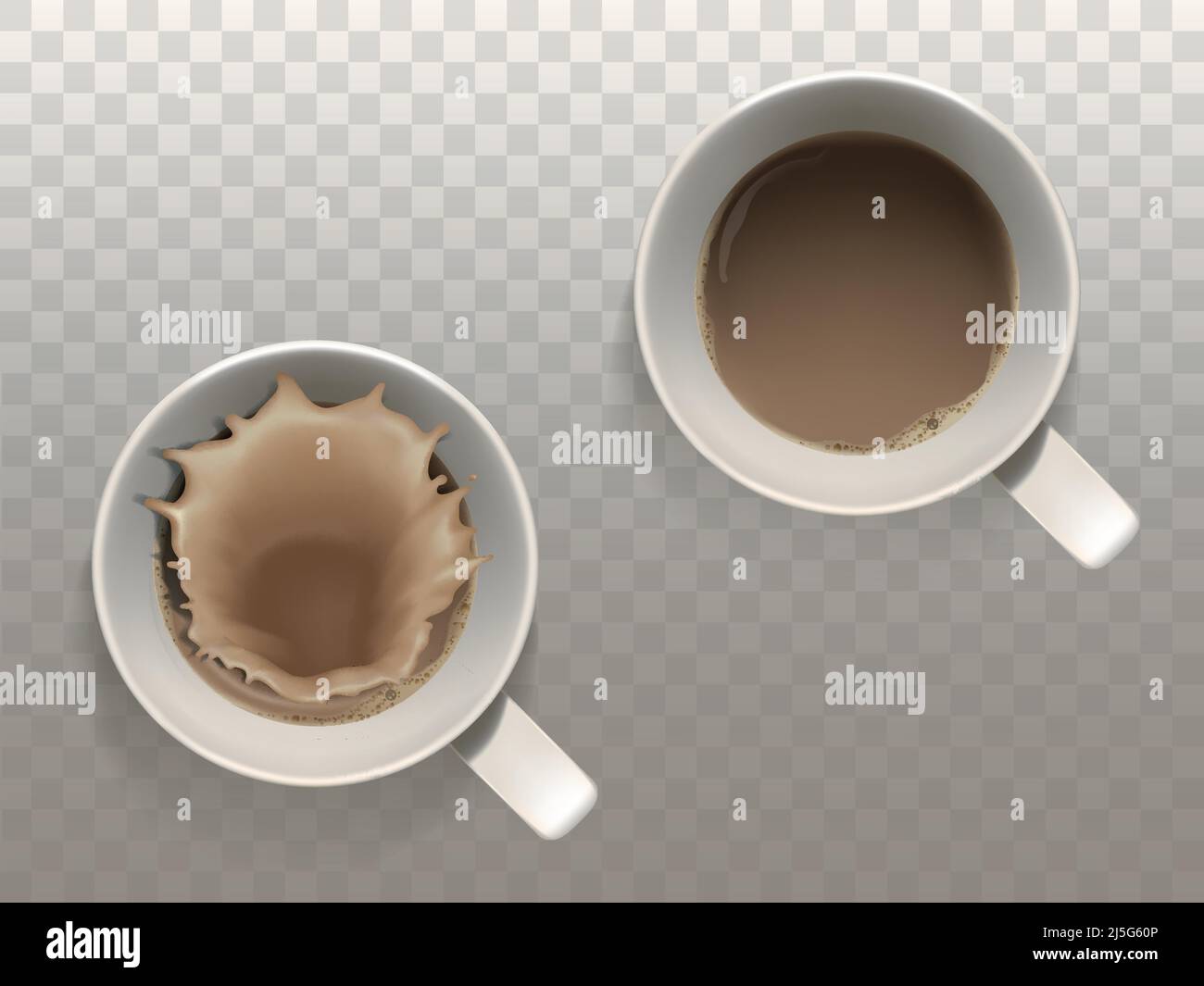 Vector realistic set with two cups of coffee, liquid splash, top view ...