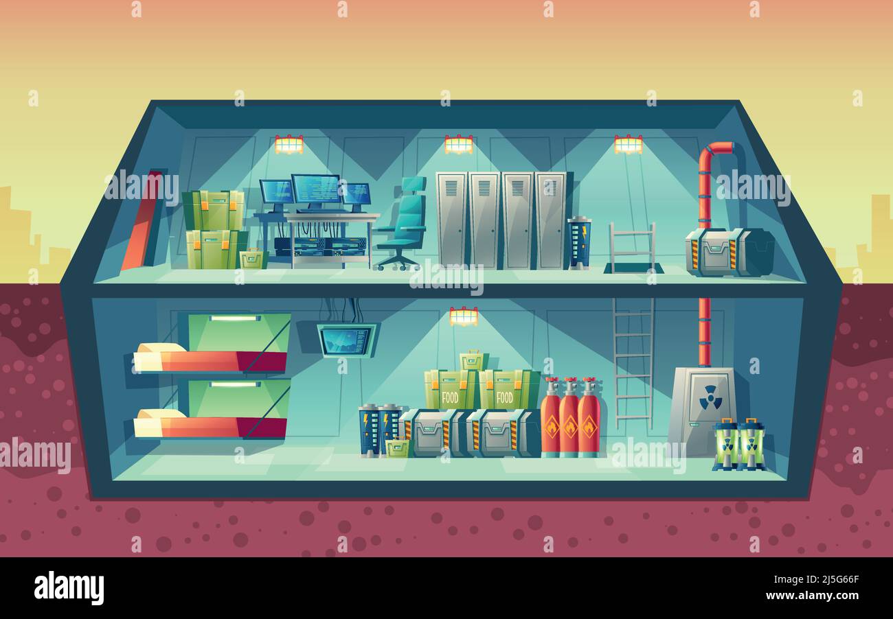 Vector cross section of secret bunker, interior of scientific ...