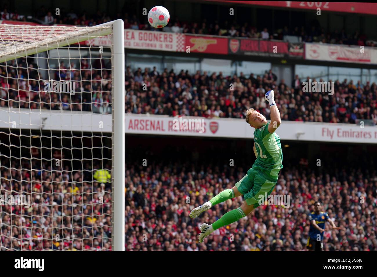 Arsenal goalkeeper Aaron Ramsdale attempts to make a save during the ...
