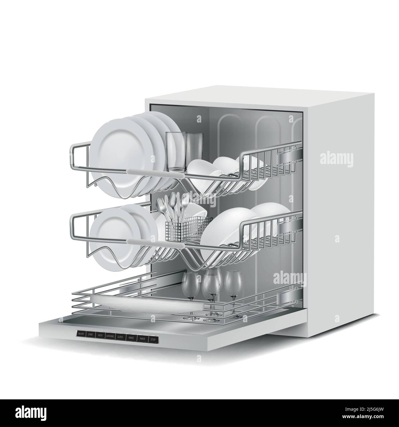 Vector 3d realistic white dishwasher machine with three metal racks ...