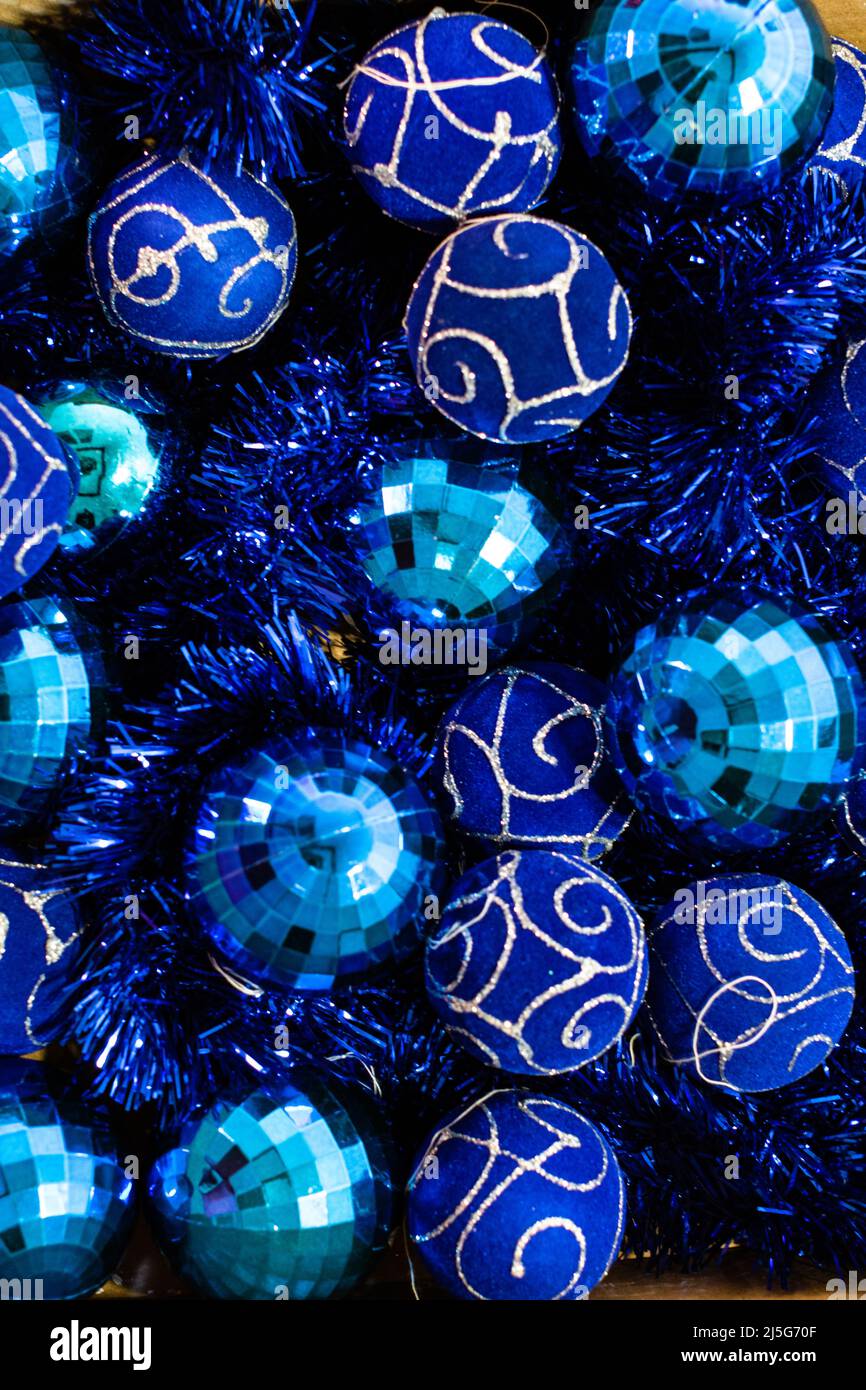 Christmas decorations in a box. Christmas concept. Box with blue ...