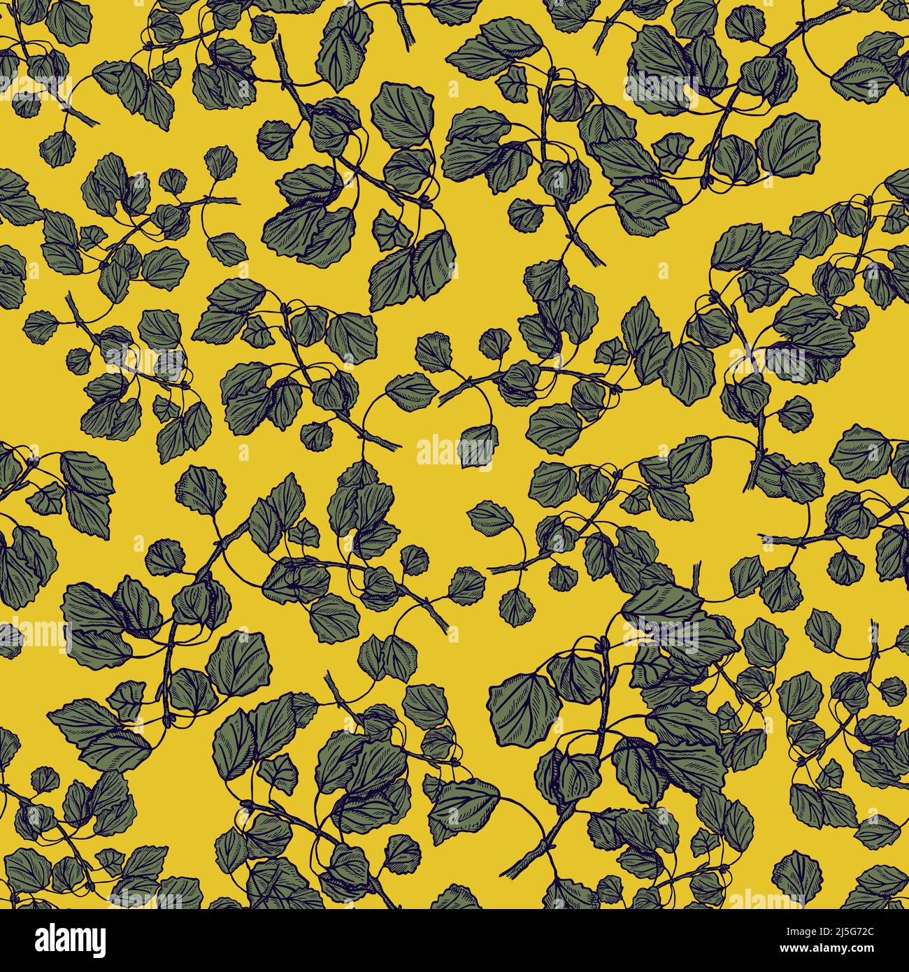 Seamless pattern engraved tree branches. Vintage background summer ...