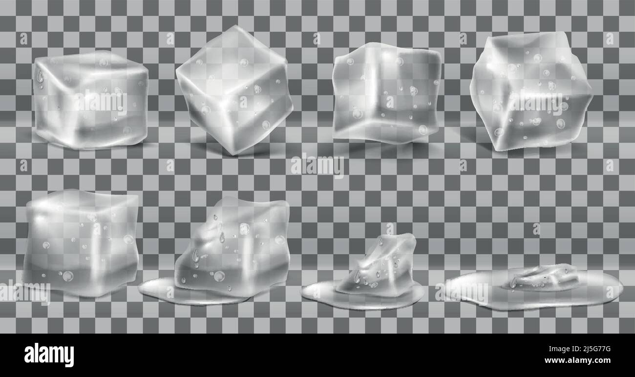 Vector realistic set of cold solid ice cubes, melting process of icy blocks with drops and water ...