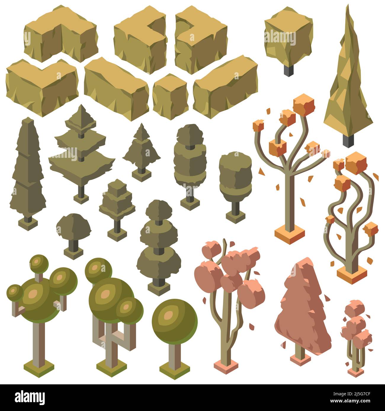 Vector 3d isometric autumn plants, trees. Nature objects in fall ...