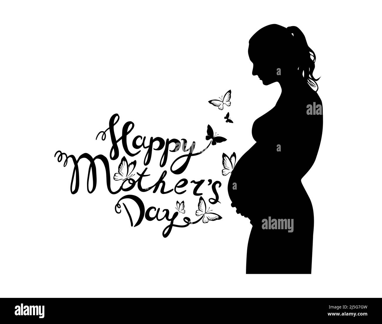 Happy Mother's Day handwritten lettering. Silhouette of a pregnant ...
