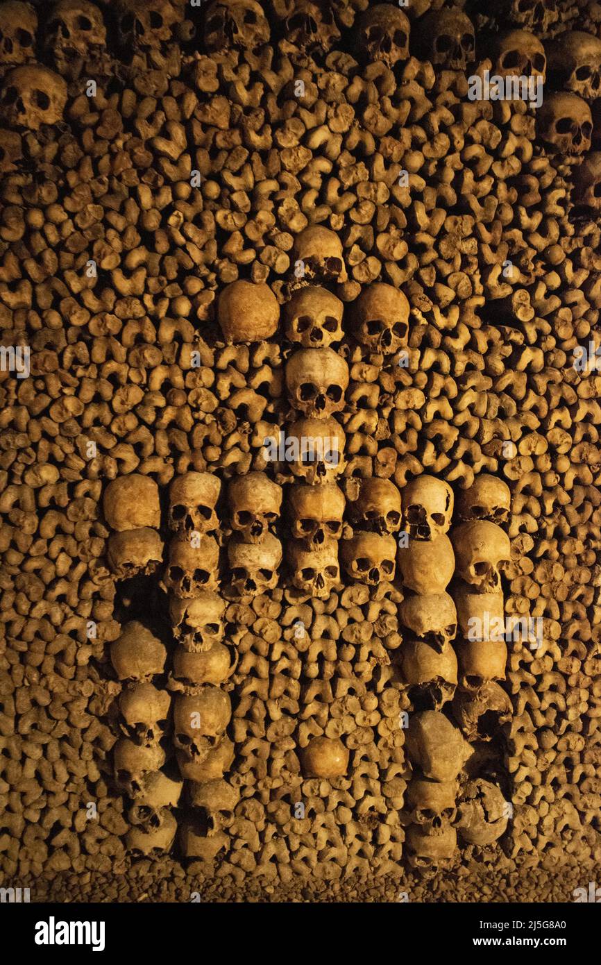 Paris: skulls and bones in the Catacombs of Paris, ossuary in an ...