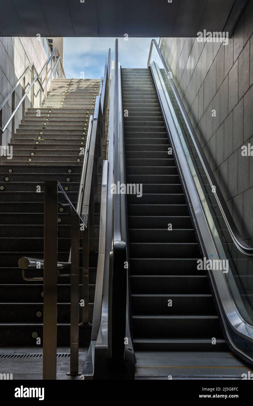 Exit stairs and escalators to the outside at a subway station in Palma ...