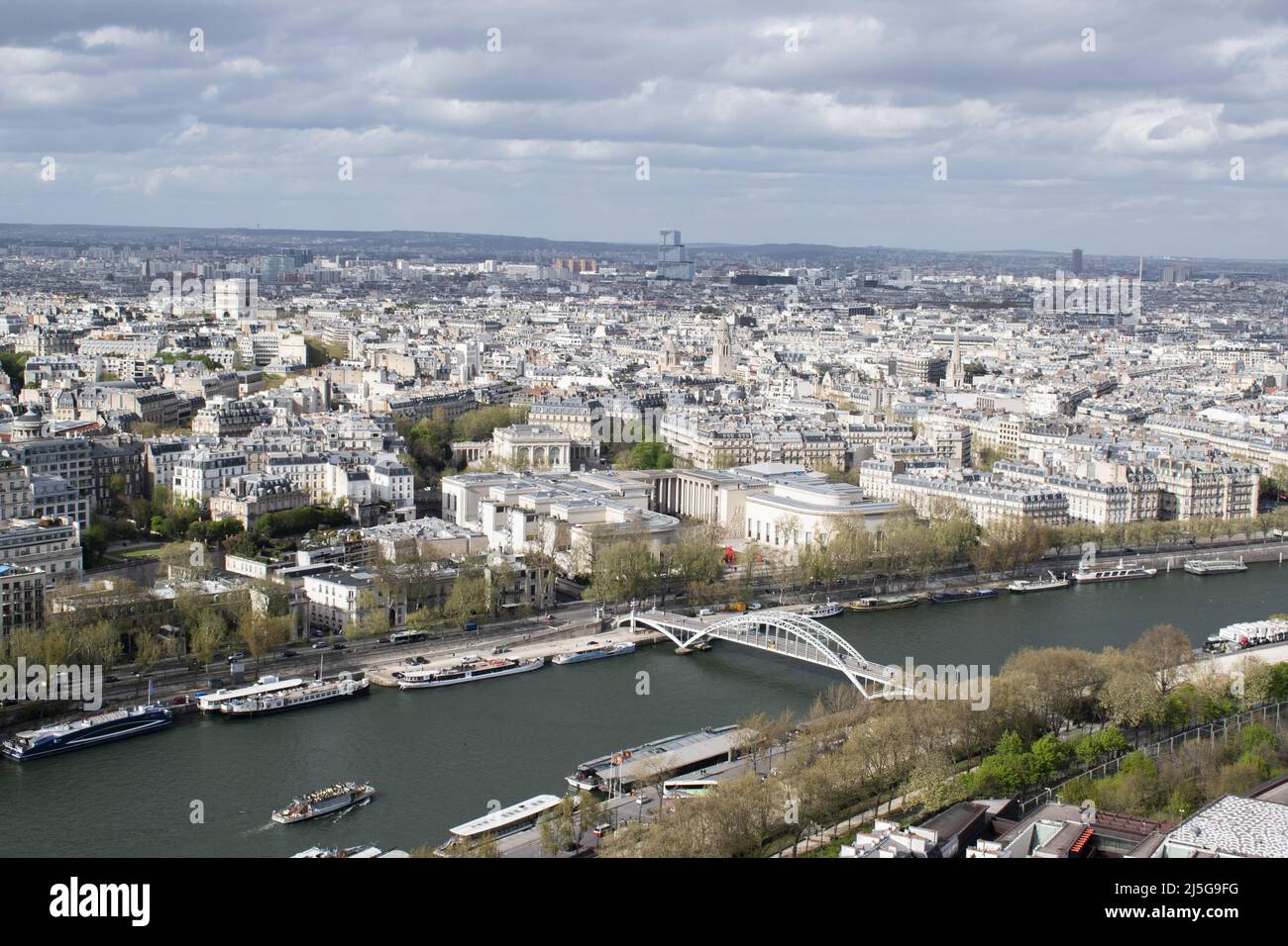 Paris: aerial view from the top of Eiffel Tower with river Seine, Arc de Triomphe (Triumphal ...