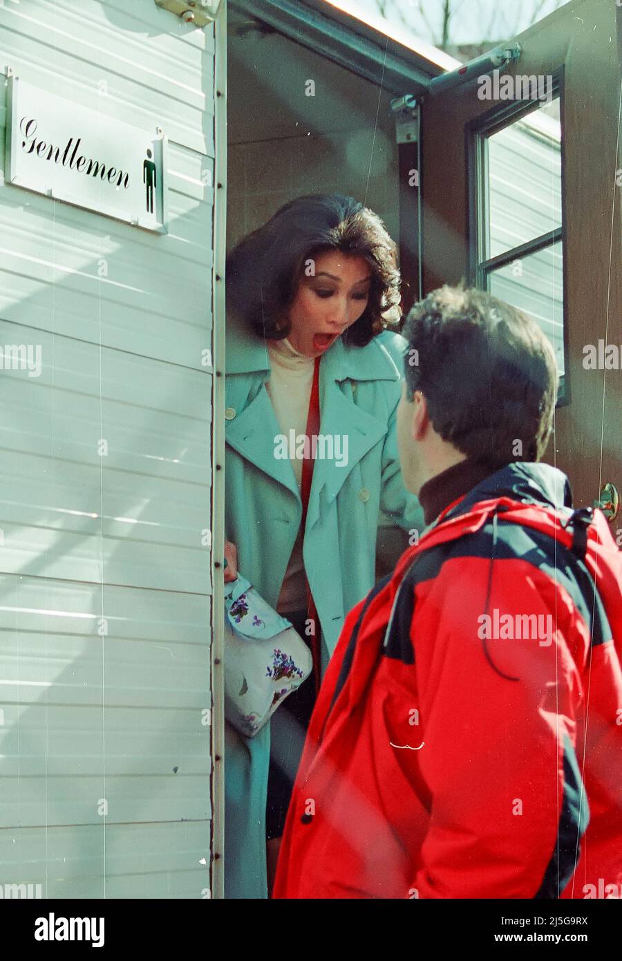 T.V personality Connie Chung is surprised coming out of a tempory media ...