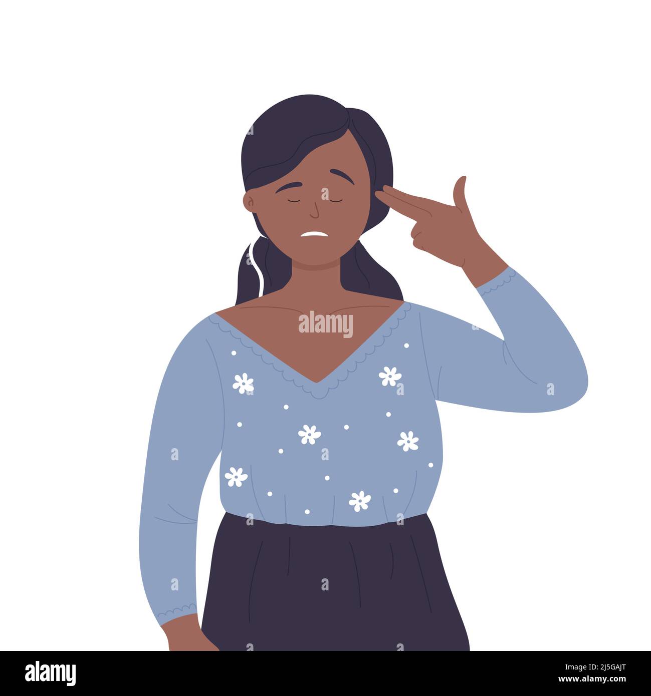 Disappointed girl showing fingers gun. Depressed woman, regretting ...