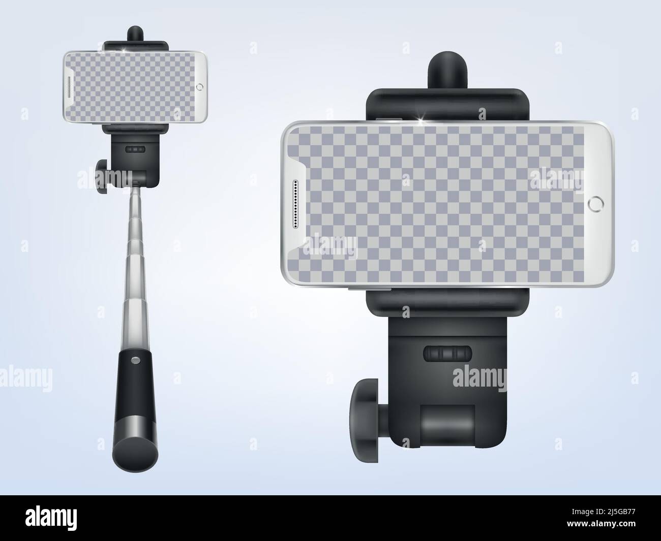 Vector 3d realistic selfiestick with smartphone. Transparent sreen of ...