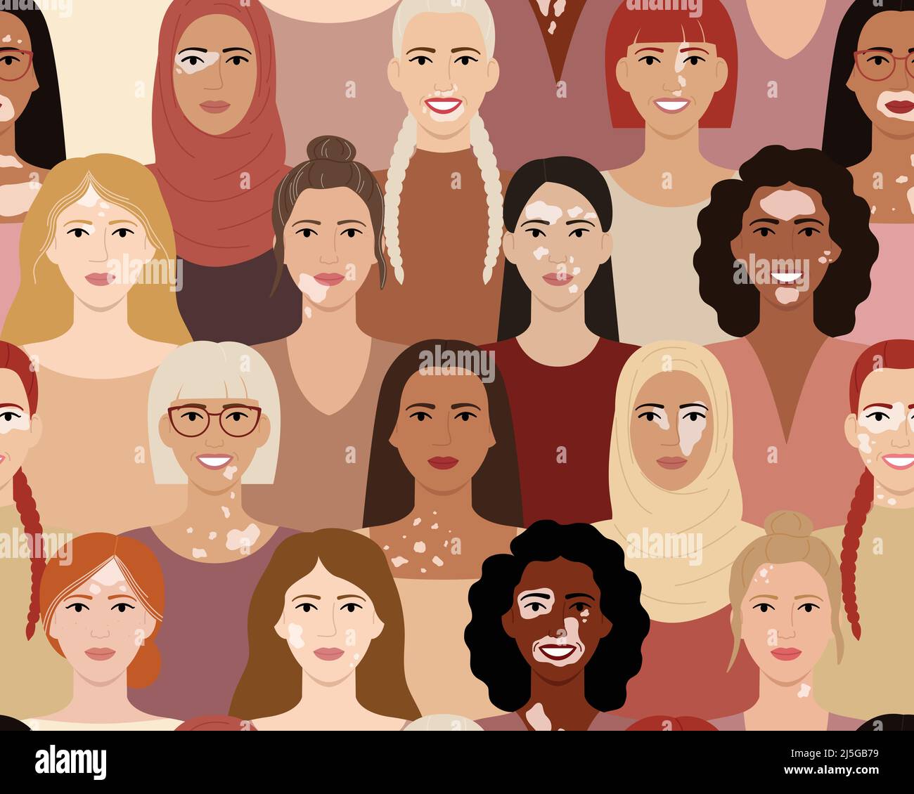 Seamless pattern of female faces with vitiligo. Portraits with ...