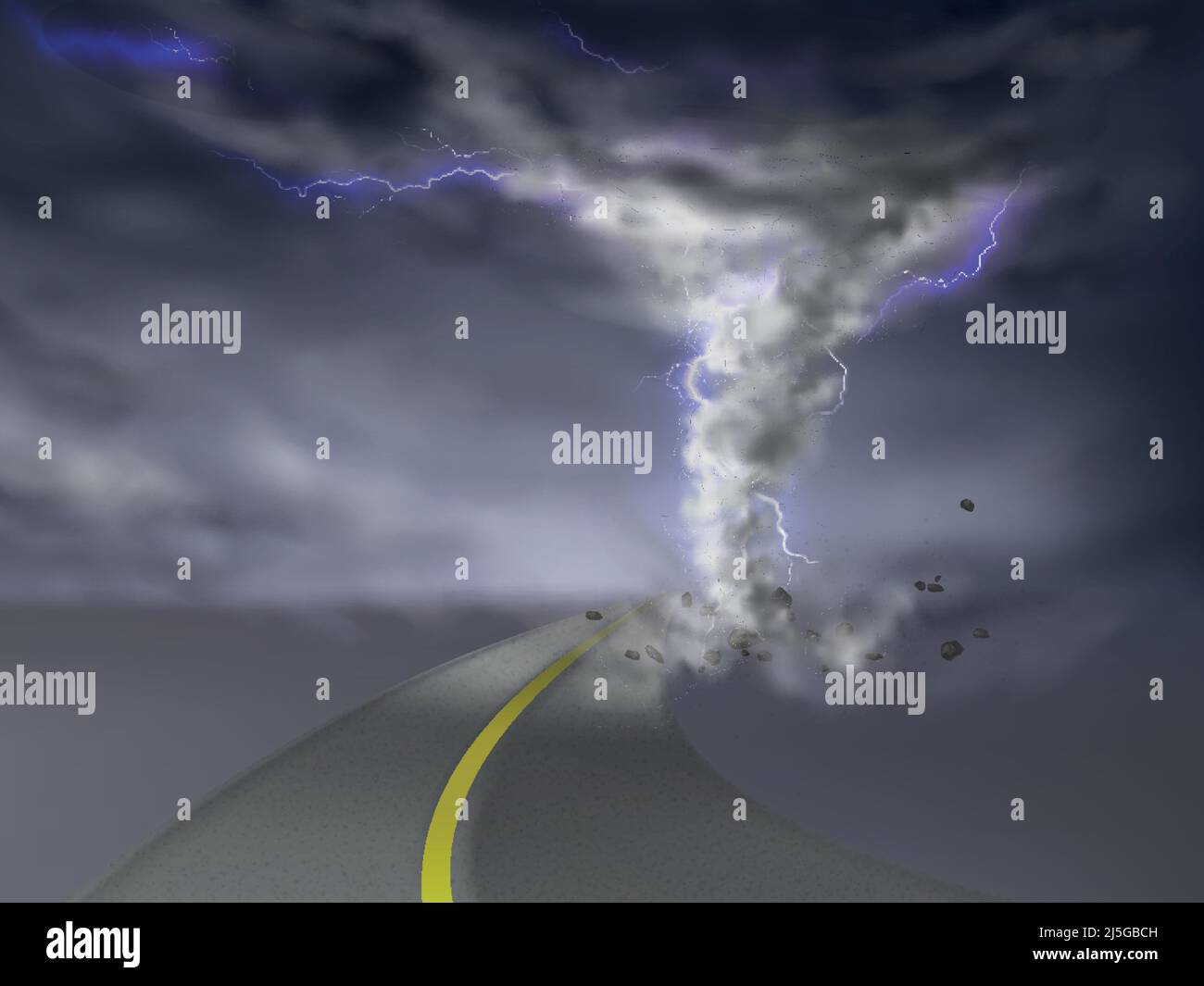 Vector realistic tornado with lightnings, gray hurricane on highway ...