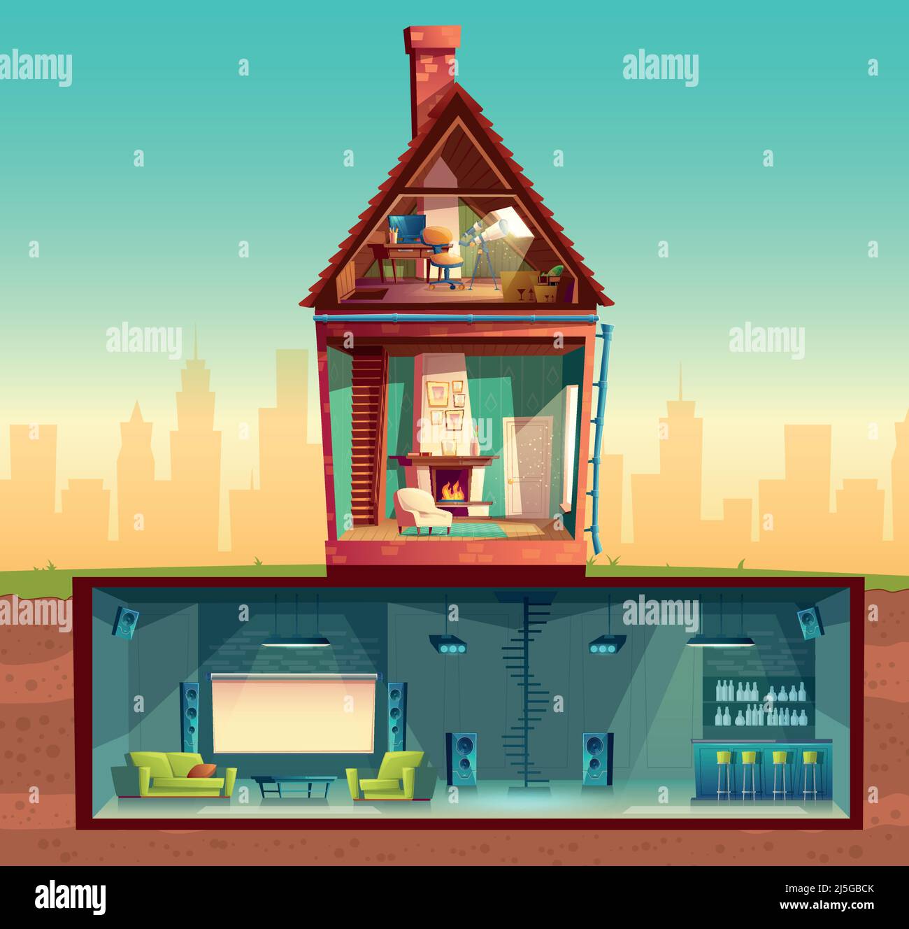 Vector house interior in cross section, cartoon living room. Attic with ...