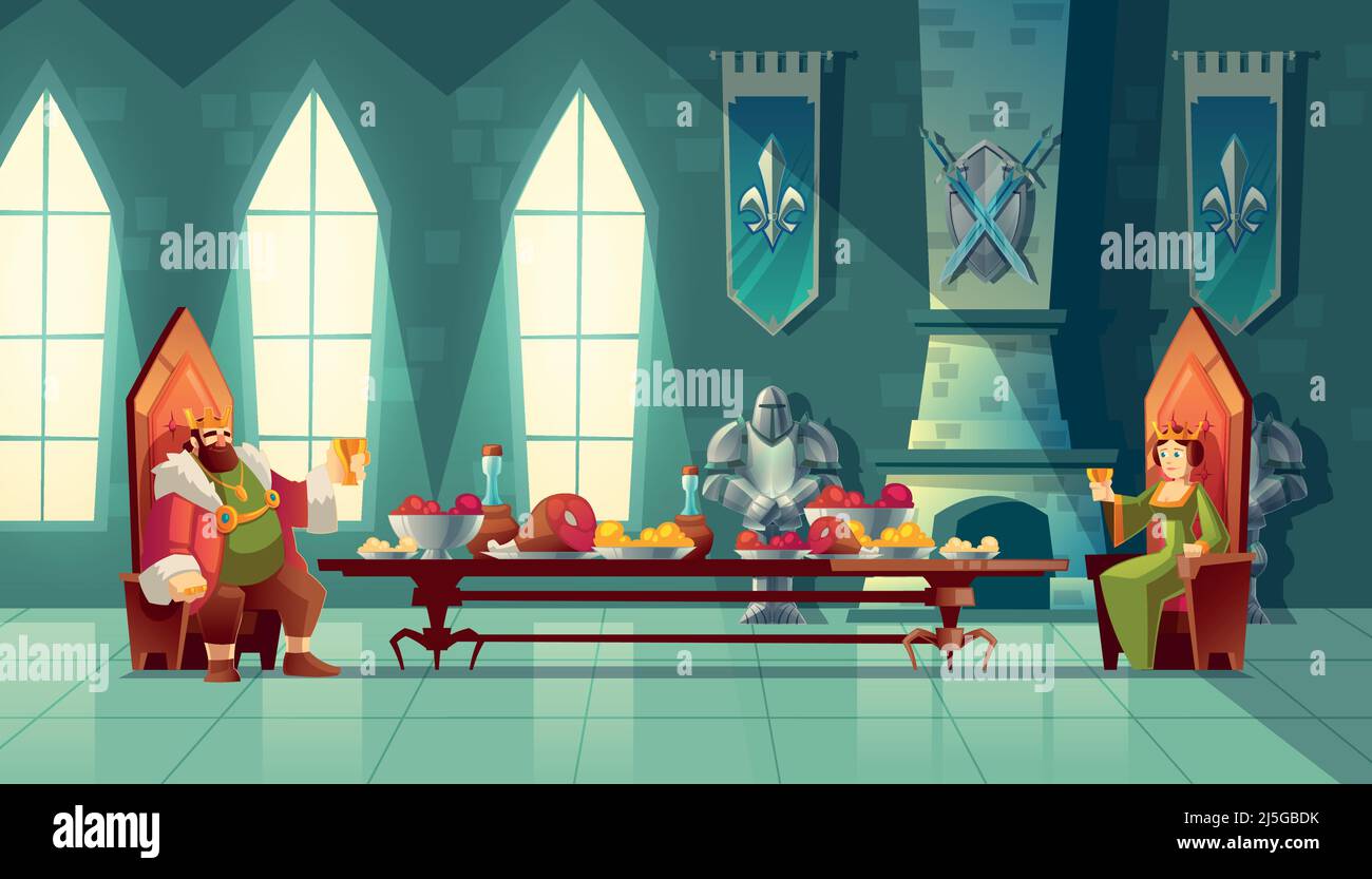 Vector castle hall with king and queen eat lunch. Feast table with food ...