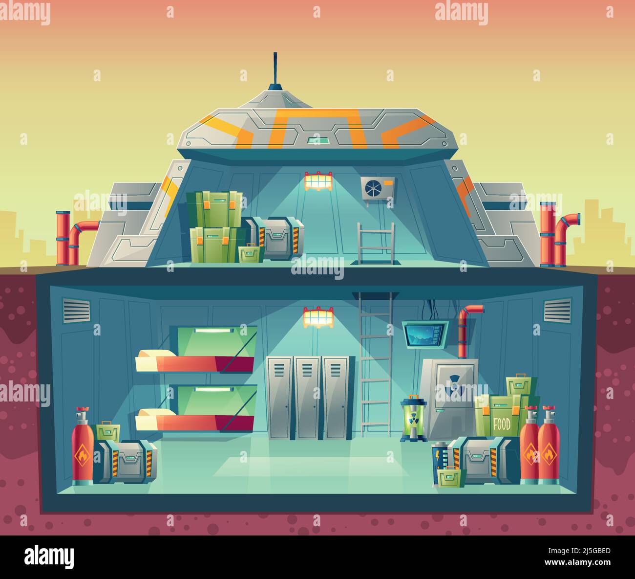 Vector cross section of nuclear shelter, interior of fortified bunker ...