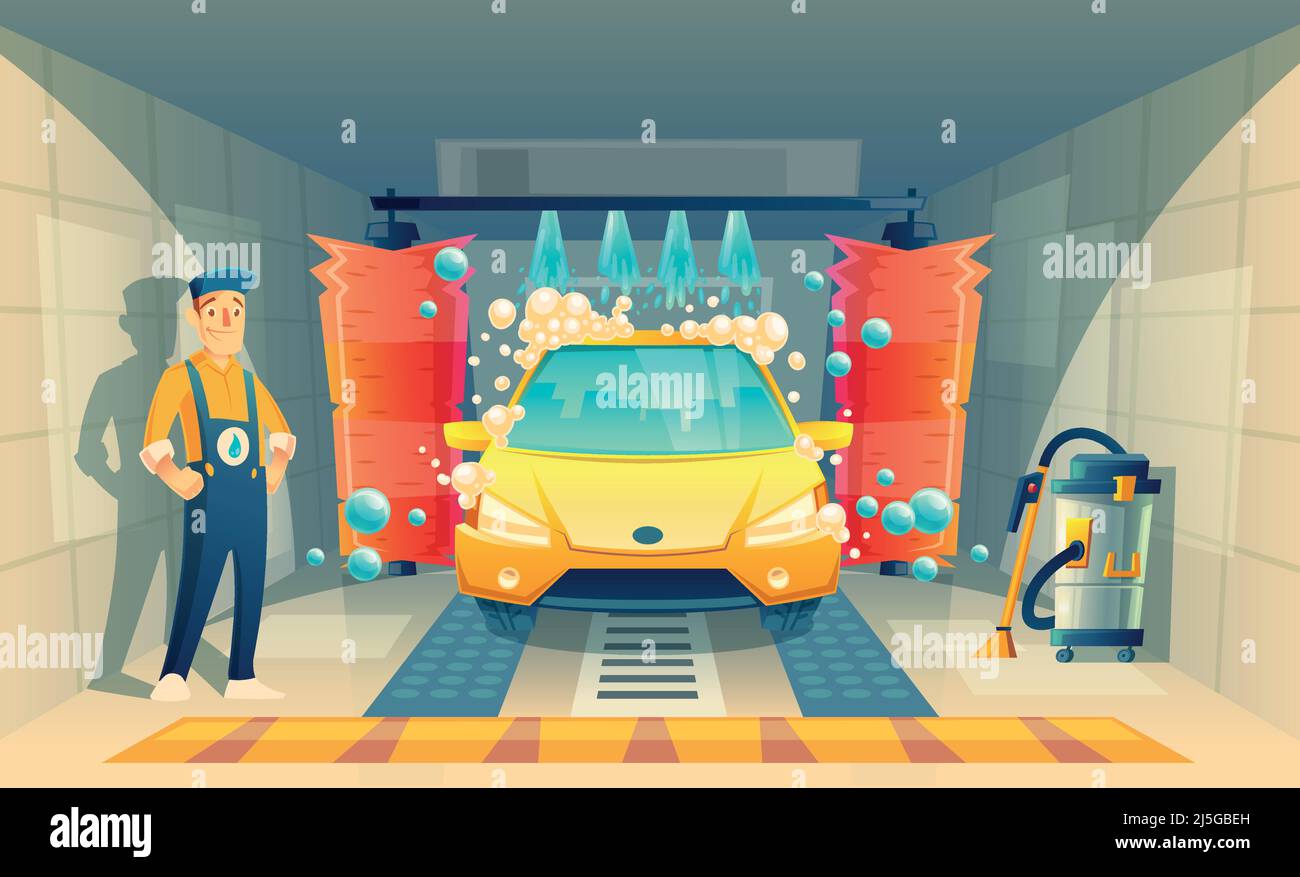 Vector automatic car washing, service with cartoon character in box ...