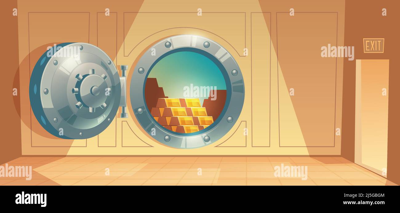 Vector cartoon illustration of bank vault, metallic iron safe door ...