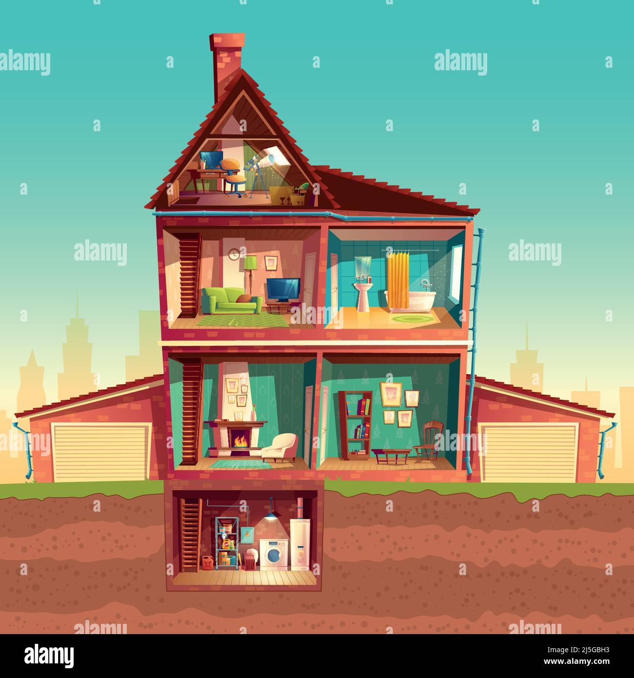 Vector three-story house interior in cross section with basement and ...