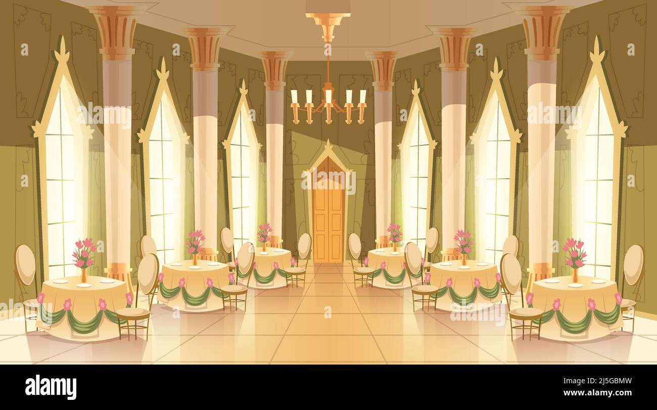 Vector cartoon illustration of castle hall, ballroom for dancing, royal ...