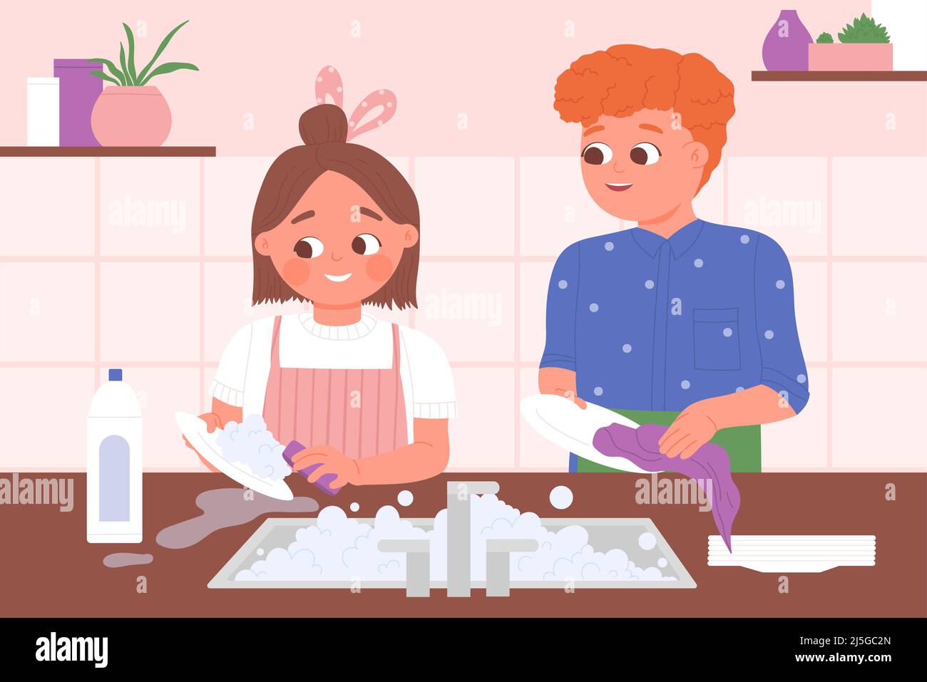 Kids wash dishes in kitchen vector illustration. Cartoon girl in apron ...