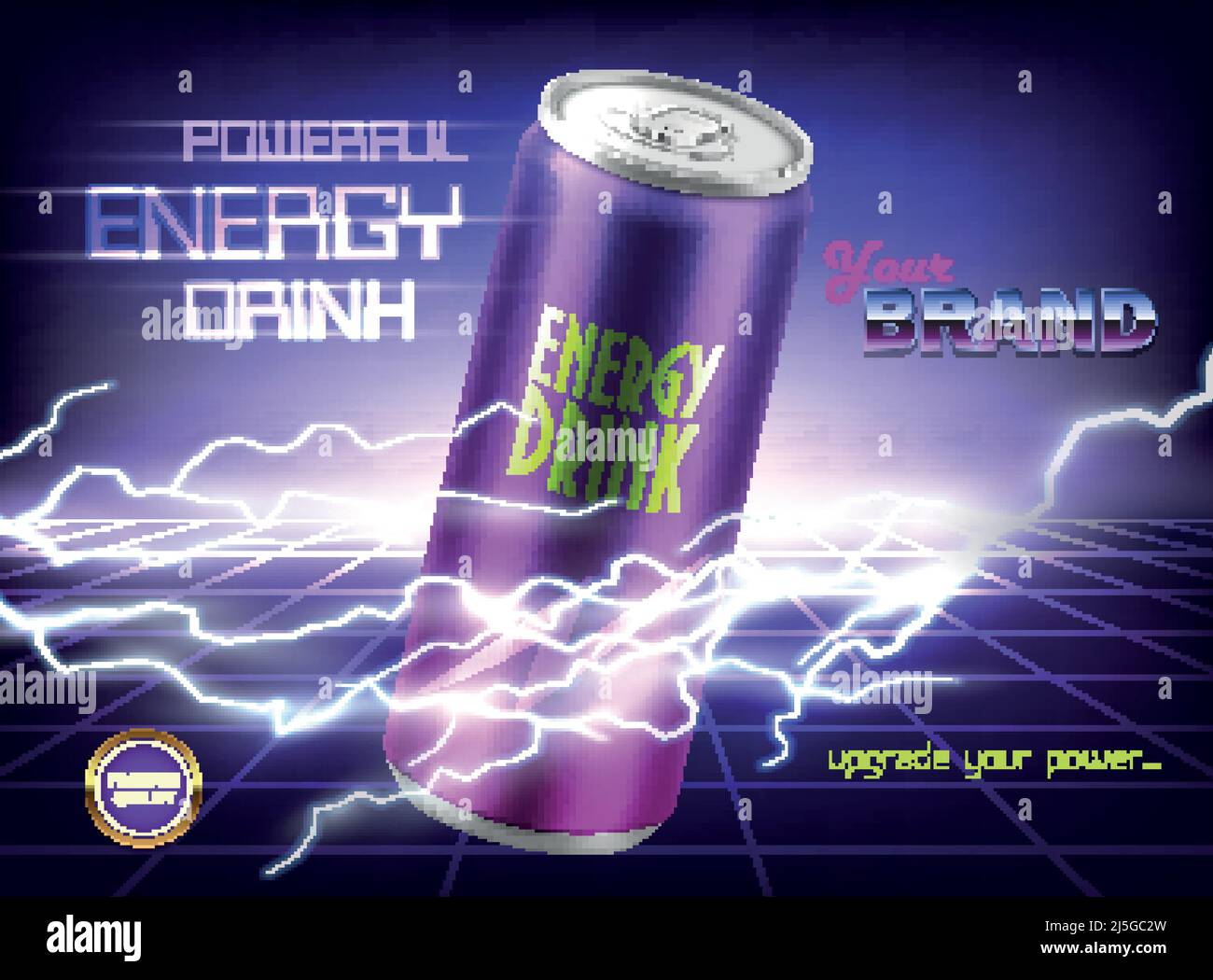 Vector promotion banner of powerful energy drink. Aluminum can with ...