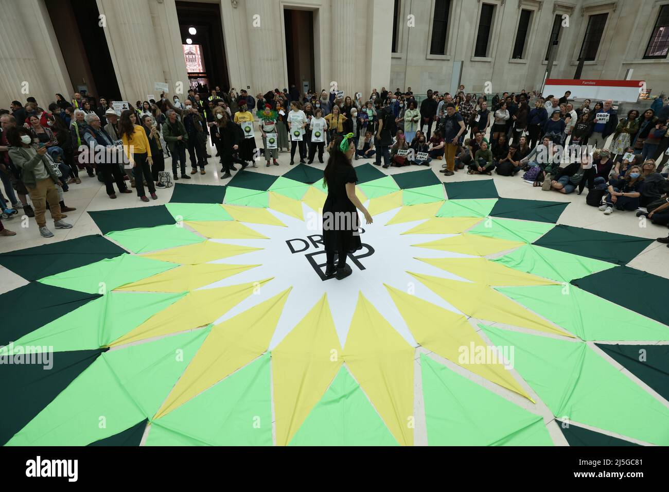 A 'Drop BP' sign is displayed on the floor of the British Museum in ...