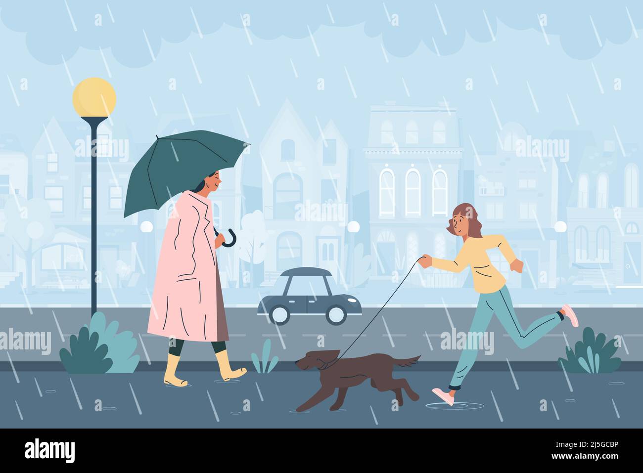 People walk in rain on city street with buildings and lamp. Girl ...