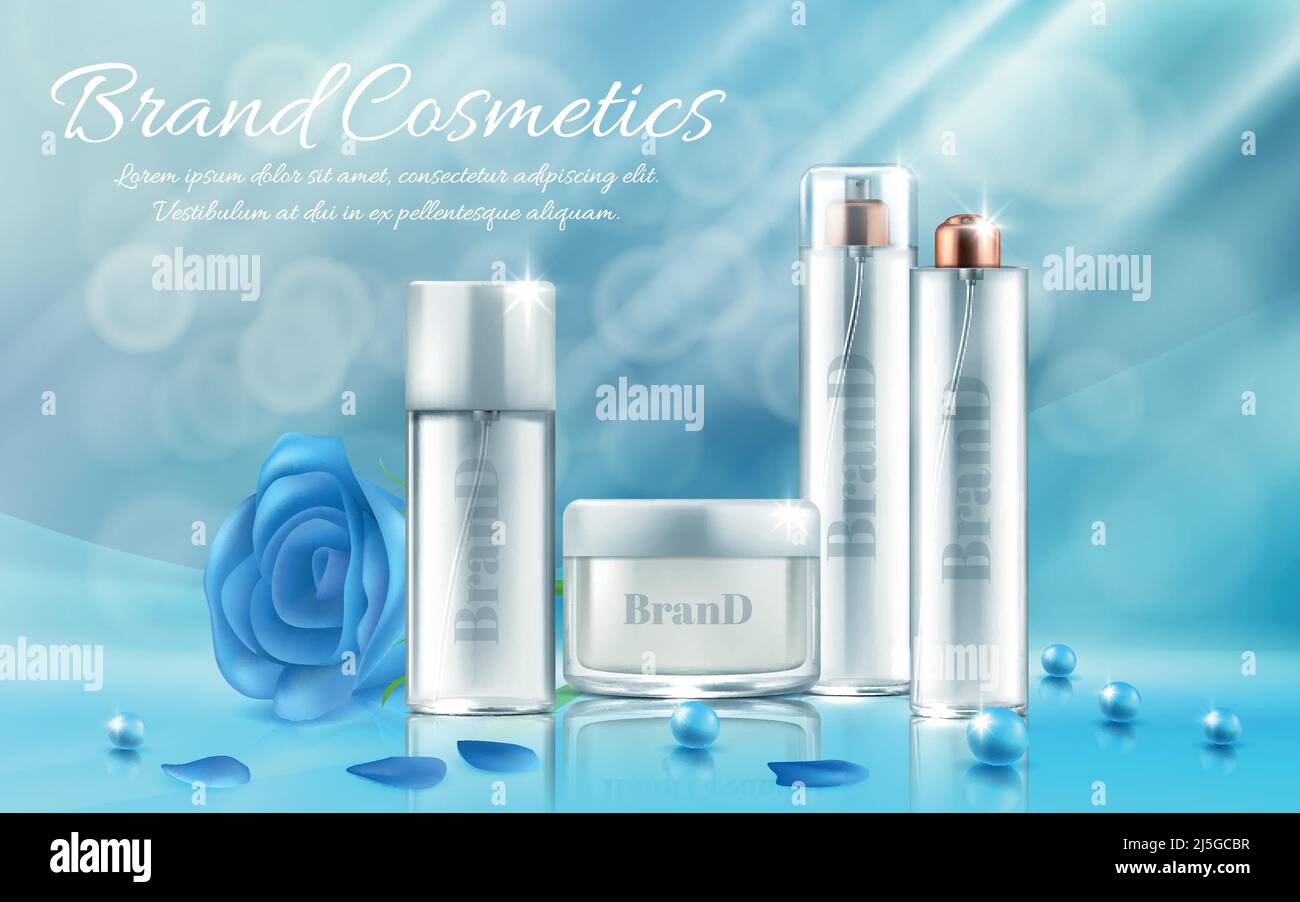 Vector banner with set of bottles and jars for facial mask, hand cream ...